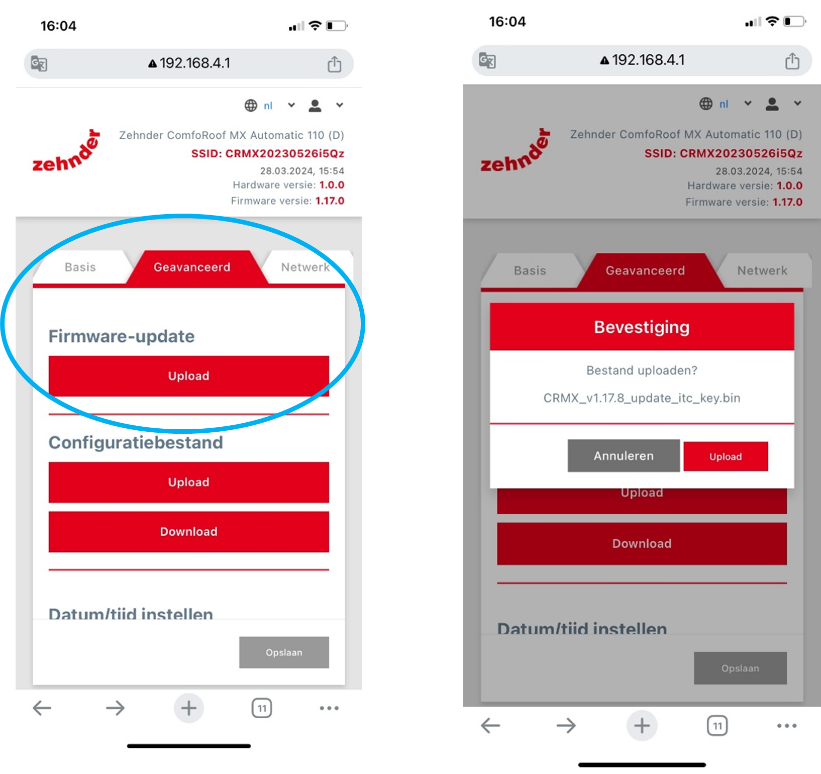 Firmware update ComfoRoof MX Manual en Automatic – Zehnder NL